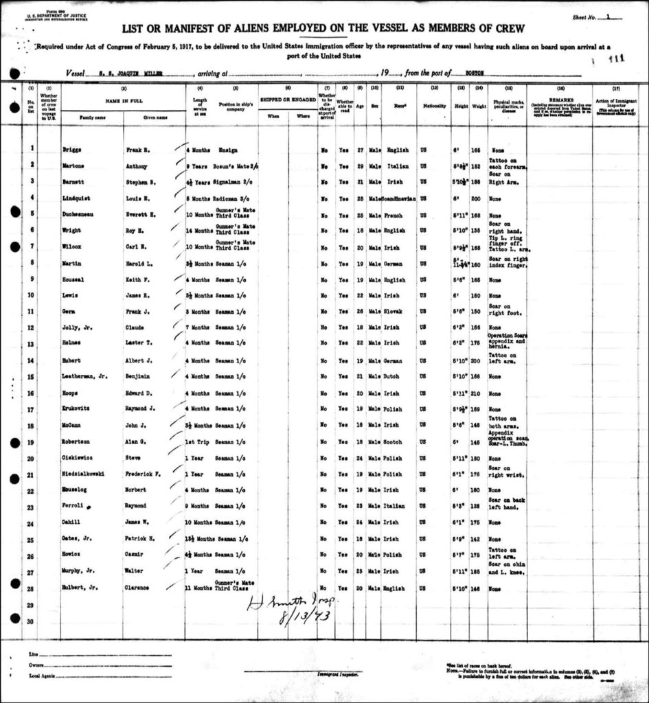The Crew Manifest of the World War II Liberty Ship ‘Joaquin Miller ...